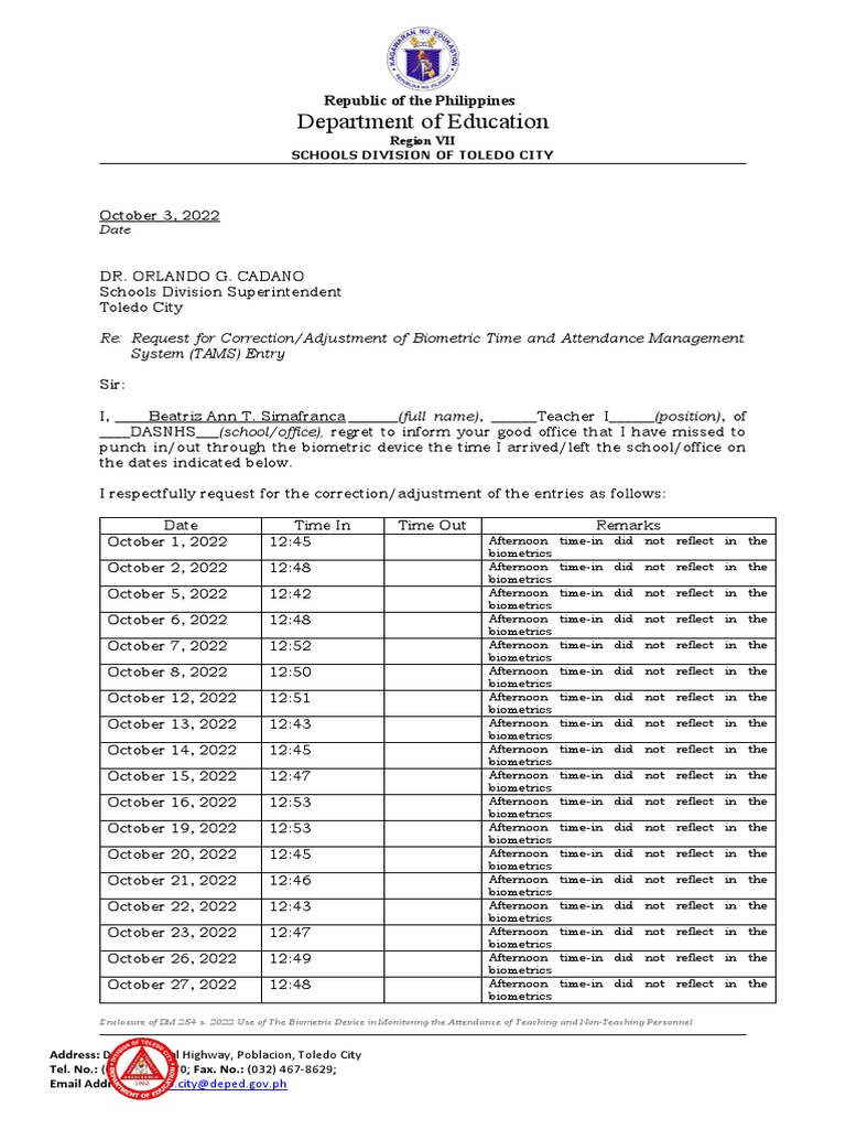 Request For CorrectionAdjustment of Biometric Time and Attendance ...