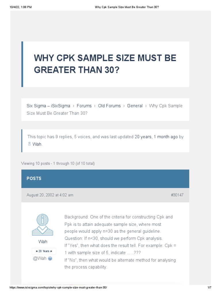 Why CPK Sample Size Must Be Greater Than 30 | PDF | Standard Deviation | Sample Size Determination