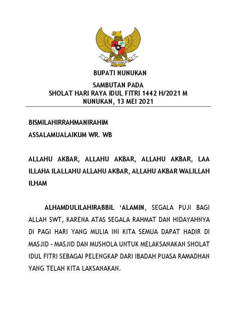Pidato Resmi Bupati Idul Fitri 1442 H | PDF