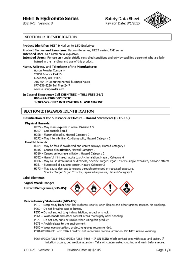 Health Hazards of HEET & Hydromite Explosives | PDF | Personal ...
