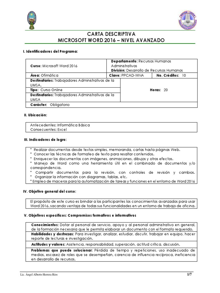 Carta Descriptiva - Word III - Avanzado | PDF | Microsoft Word ...