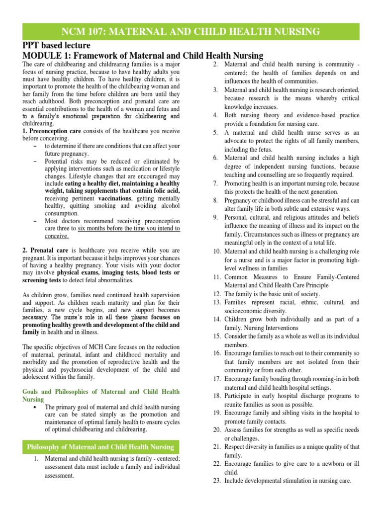 Promoting Optimal Family Health: A Framework for Maternal and Child ...