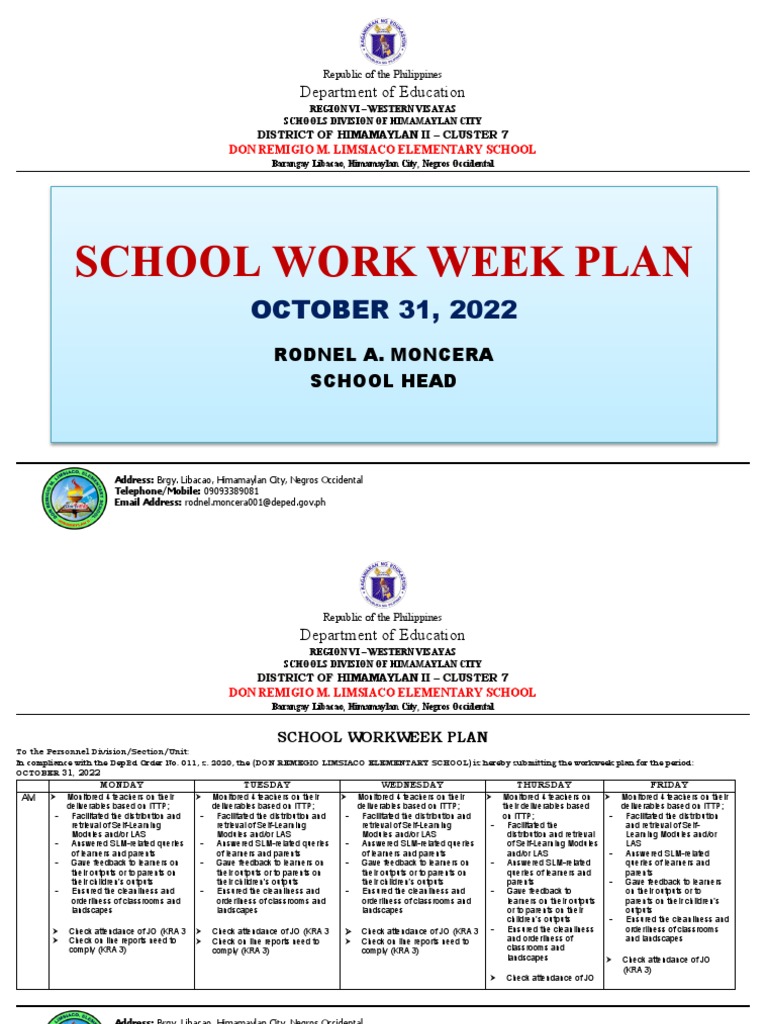 School Work Week Plan | PDF | Learning | Behavior Modification