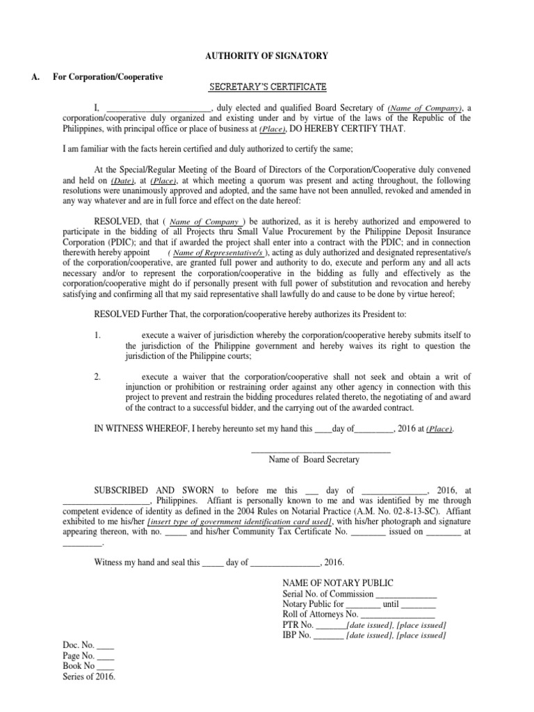 Secretarys Certificate Cooperative | PDF | Notary Public | Affidavit