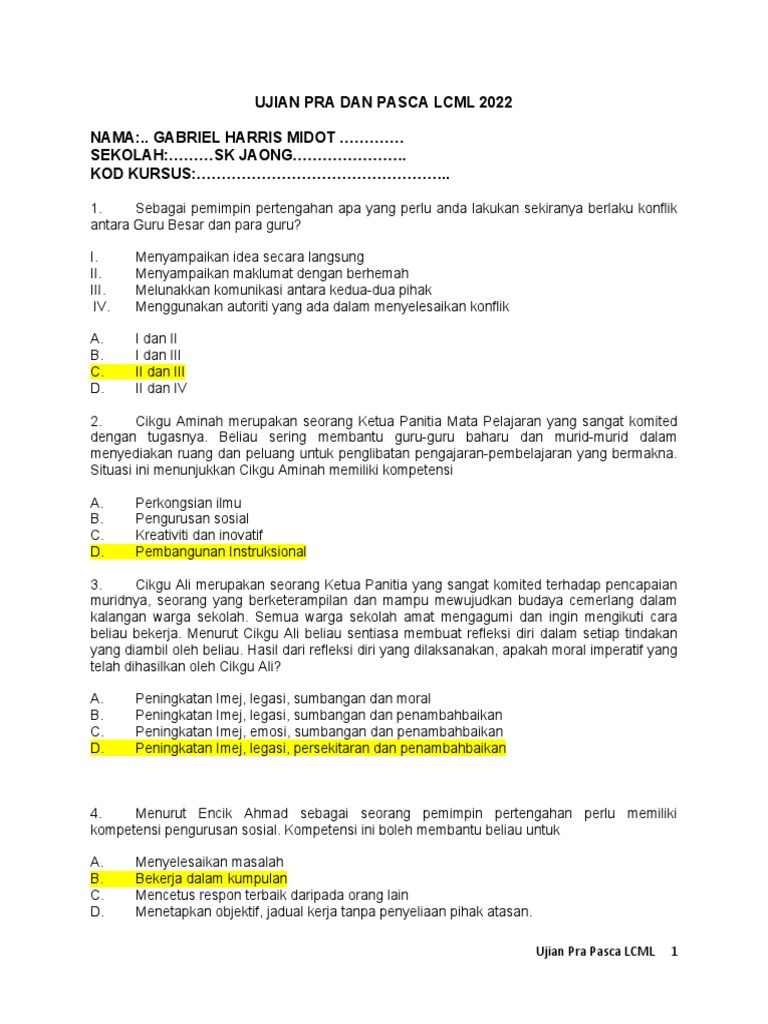 Jawapan Bagi SOALAN PRA & PASCA LCML 2022 | PDF