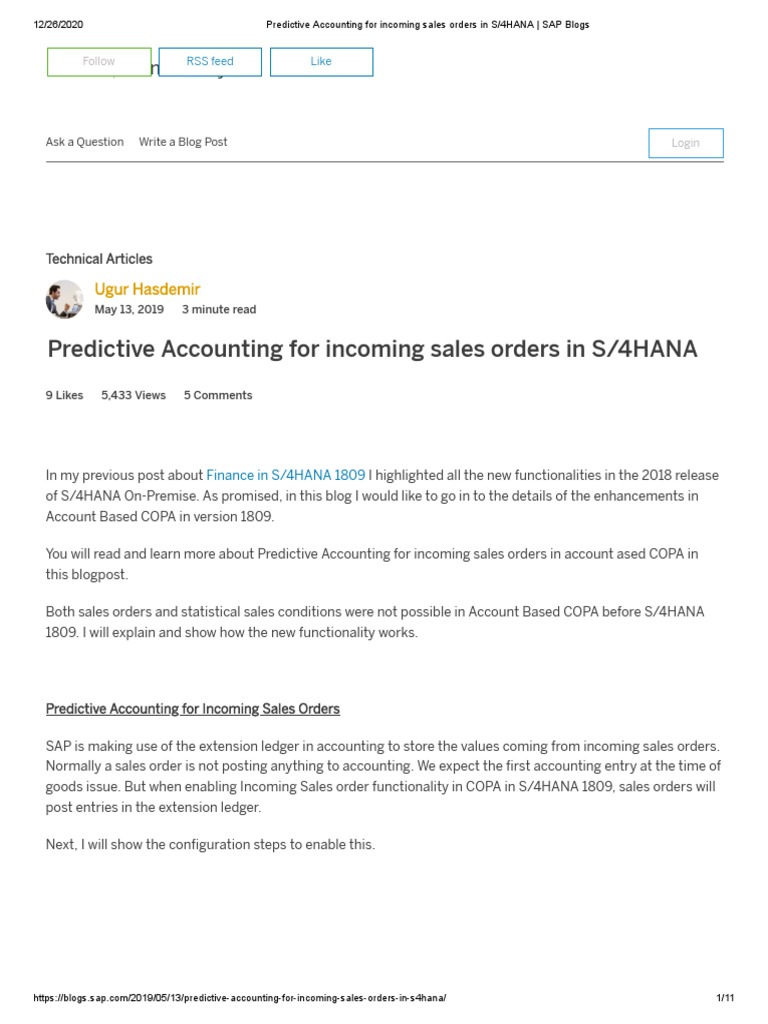 Predictive Accounting For Incoming Sales Orders in S - 4HANA - SAP ...