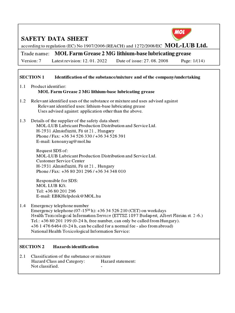 MSDS - MOL Farm Grease 2MG - GB | PDF | Dangerous Goods | Toxicity