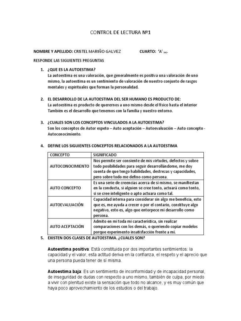 Control de Lectura Cuarto | PDF