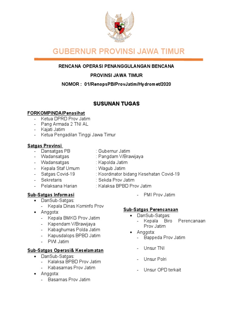 Rencana Operasi Penanggulangan Bencana Prov. Jatim | PDF