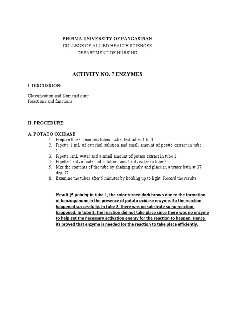 (BIO 024) LAB ACTIVITY 7 - ENZYMES | PDF | Catalase | Hydrogen Peroxide (BIO 024) LAB ACTIVITY 7 - ENZYMES | PDF | Catalase | Hydrogen Peroxide