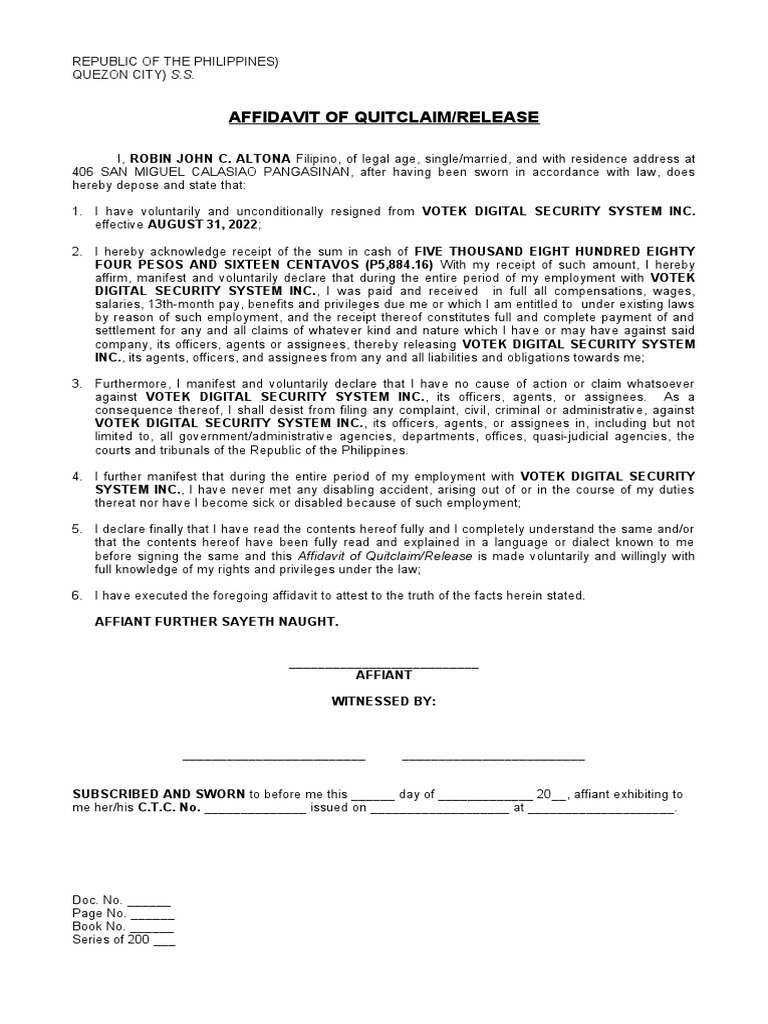 Affidavit of Quitclaim Release ALTONA | PDF | Affidavit | Government