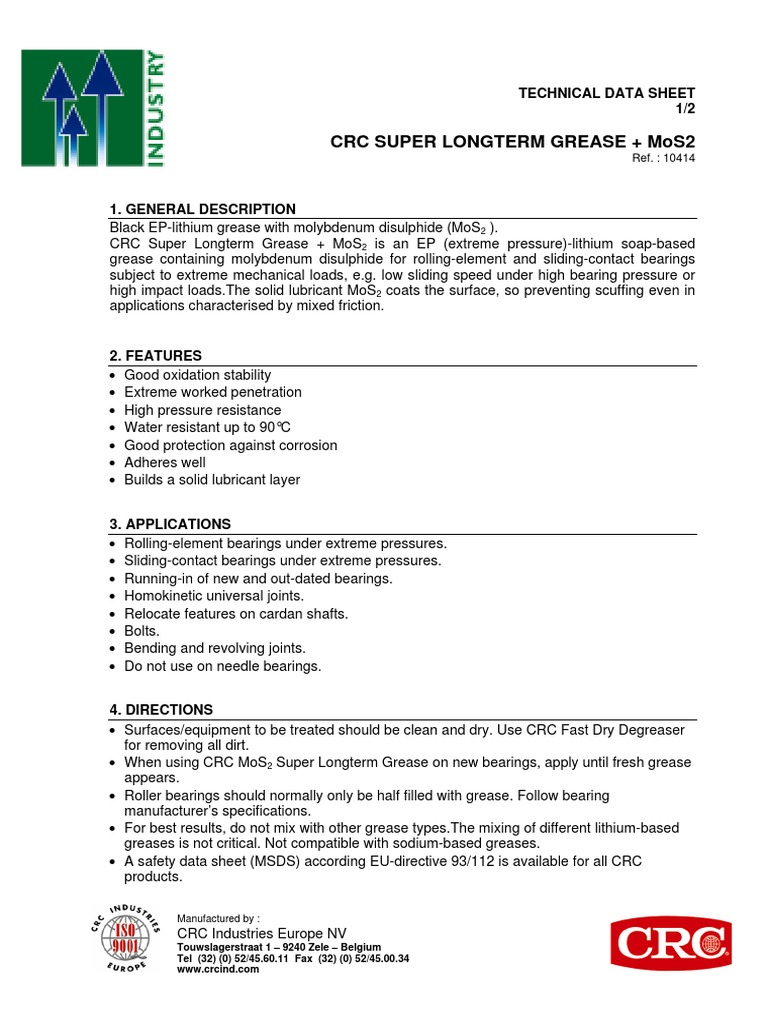 CRC Super Longterm Grease + MoS2 Technical Data Sheet | PDF | Bearing ...