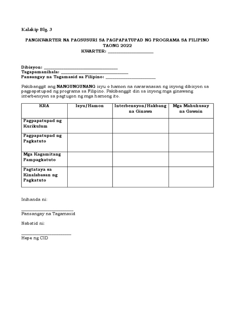 Template Sa Pagsusuri NG Pagpapatupad NG Filipino | PDF