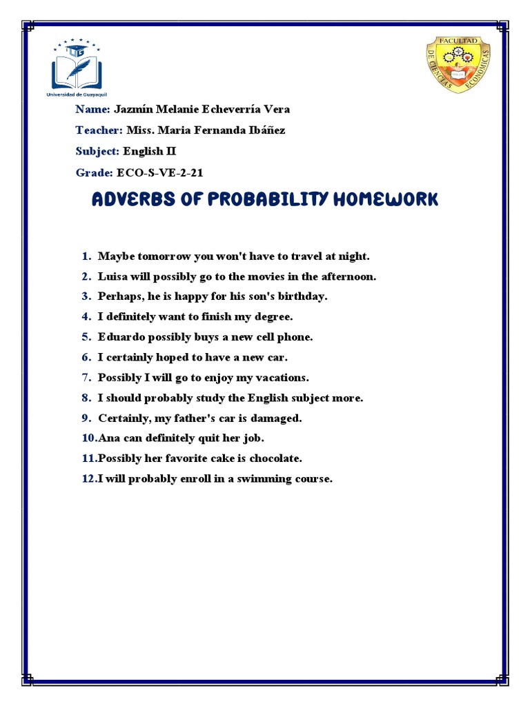 Adverbs of Probability Homework - Echeverría Vera Jazmín Melanie | PDF