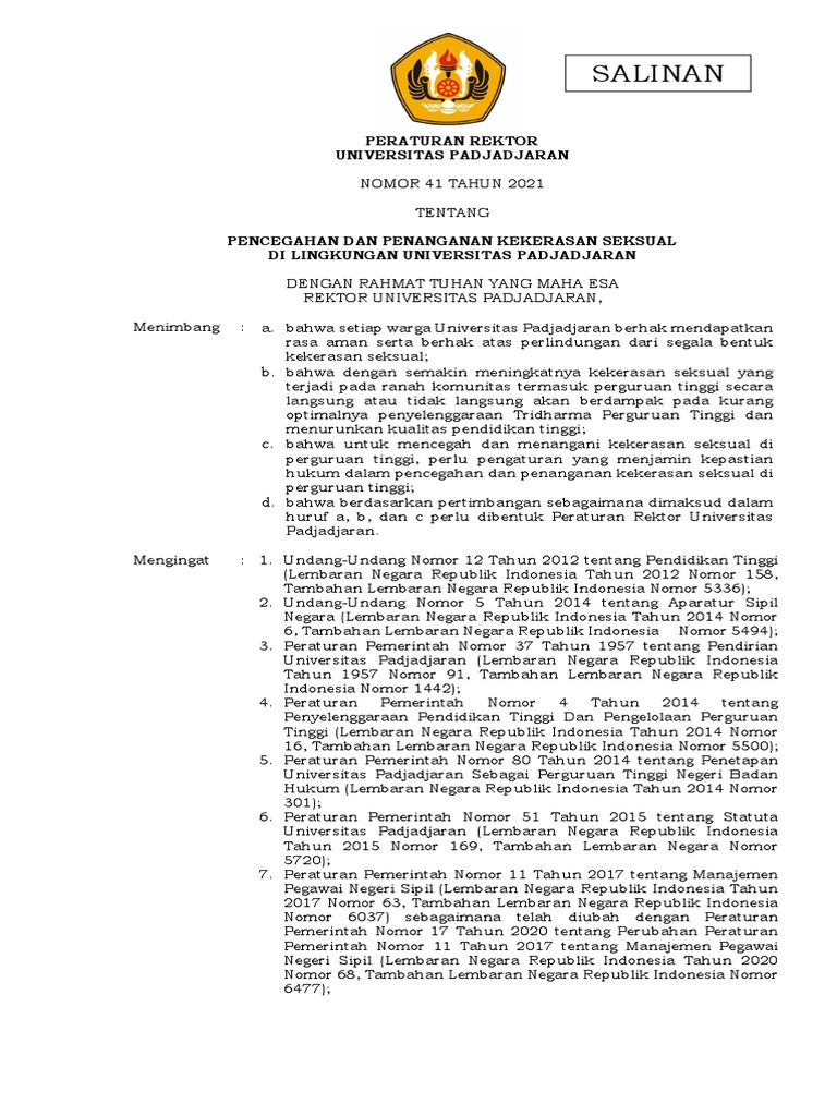 Peraturan Rektor No. 41 Tahun 2021 Tentang Pencegahan Dan Penanganan ...