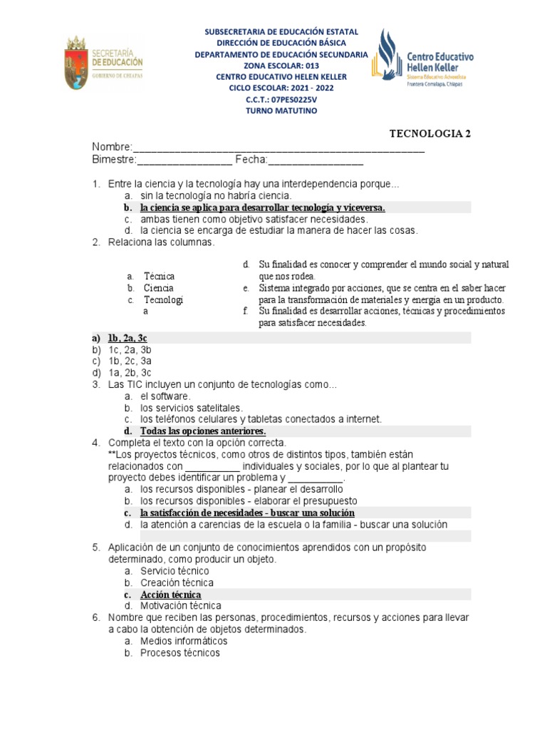 Examen de Tecnología 2 Secundaria | PDF | Teoría | Science