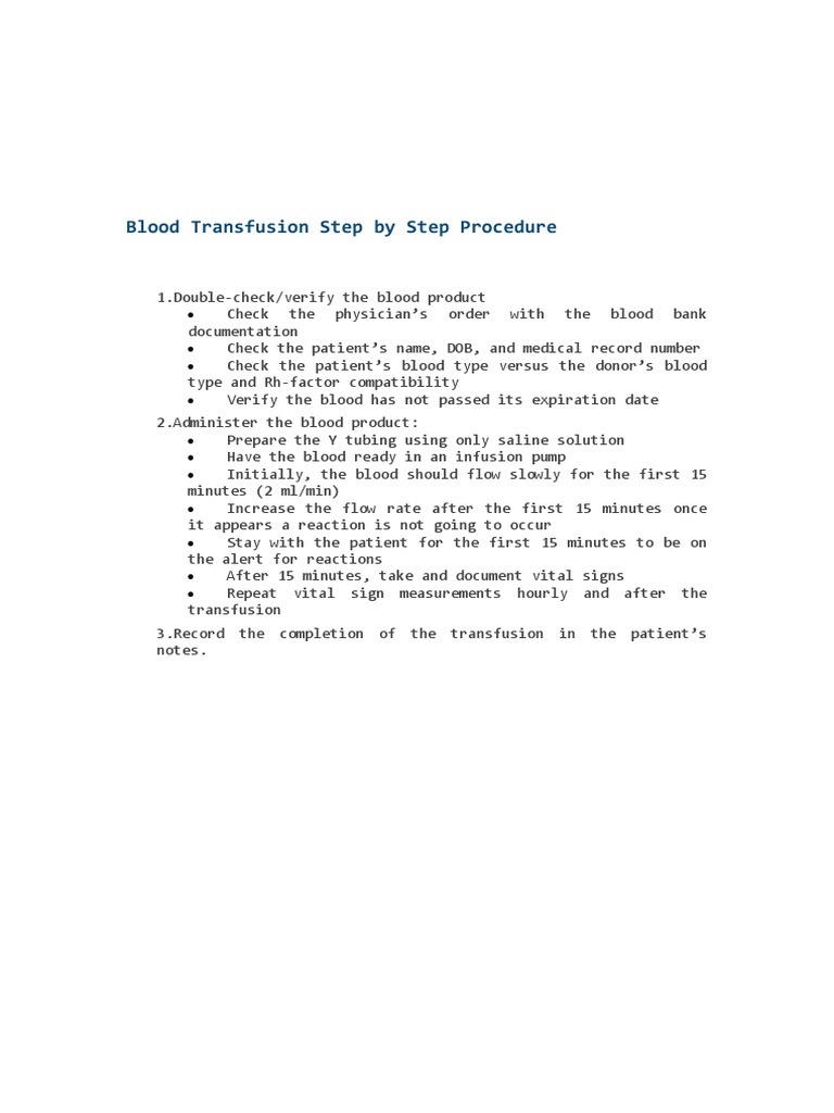 Blood Transfusion Step by Step Procedure | PDF | Wellness