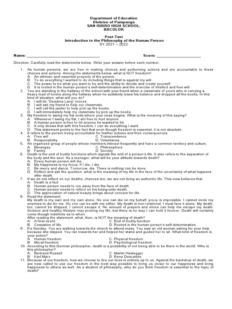 Pre Test in Intro To Philo ANSWER KEY | PDF | Society | Experience