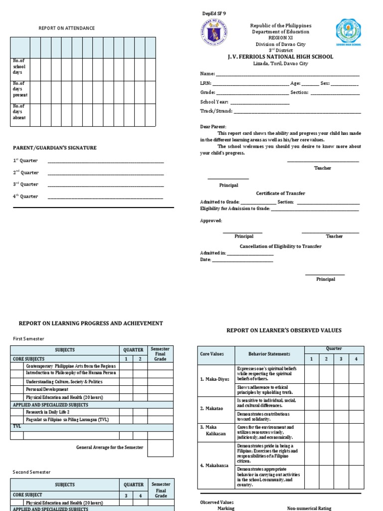 SF 9 Word Template | Download Free PDF | Learning | Psychology