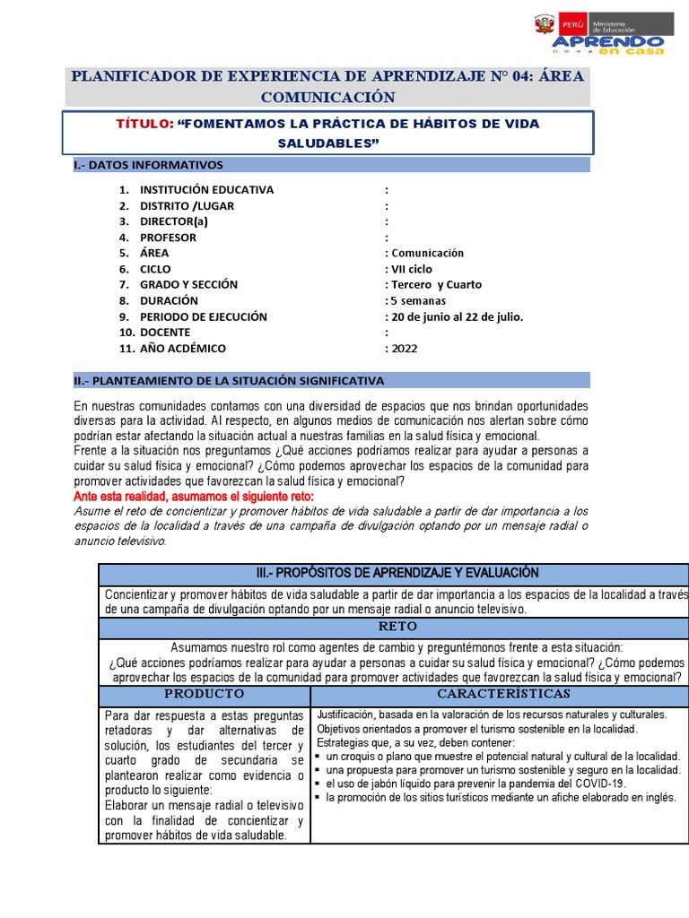 Planificador Exp 4 Ciclo Vii Pdf Aprendizaje Evaluación