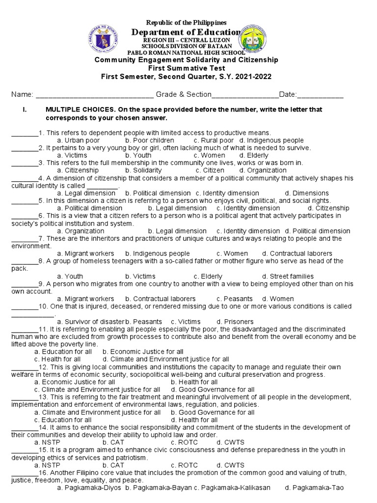 1st Summative Test in Cesc | PDF | Citizenship | Governance