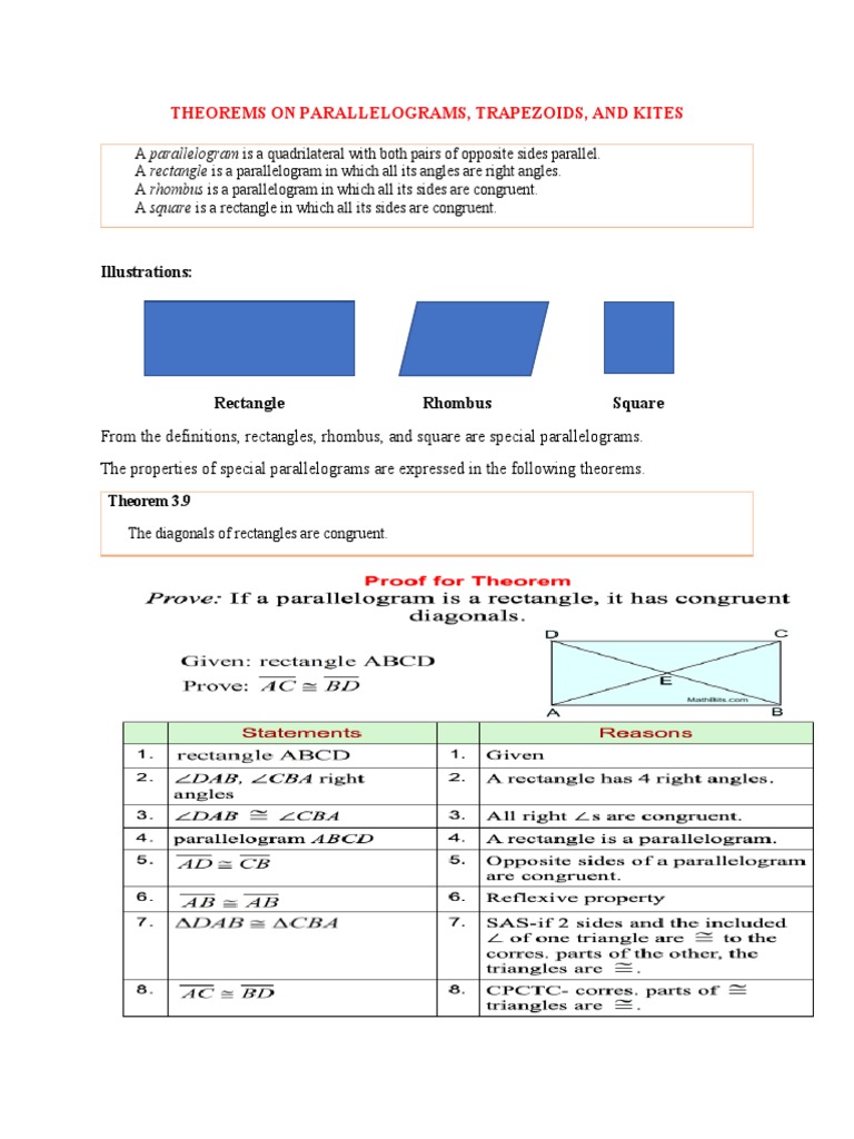 Parallelogram Theorems and Properties | PDF | Rectangle | Perpendicular