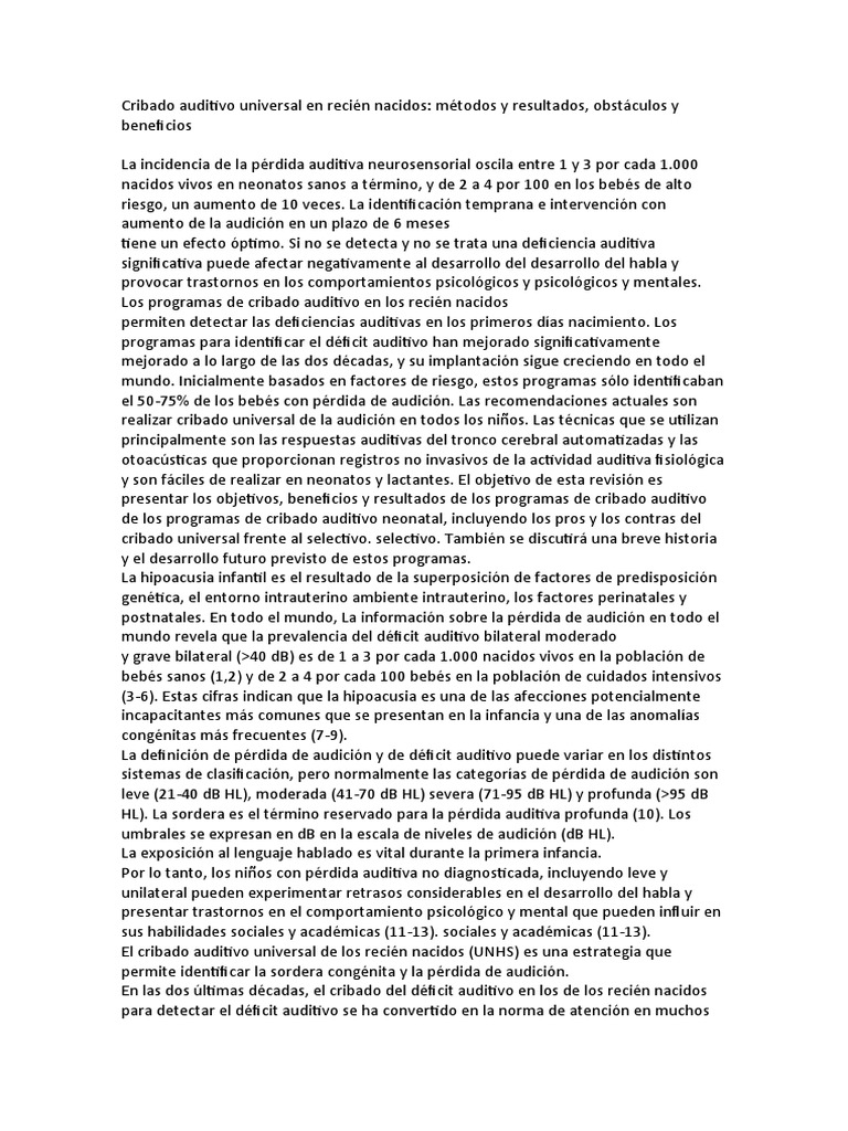 Cribado Auditivo Universal en Recién Nacidos | PDF