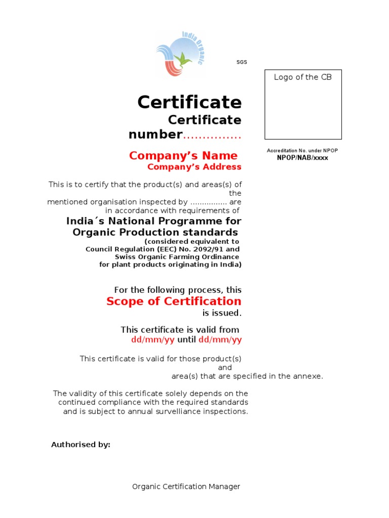 Format For Scope Certificate (Npop) | PDF
