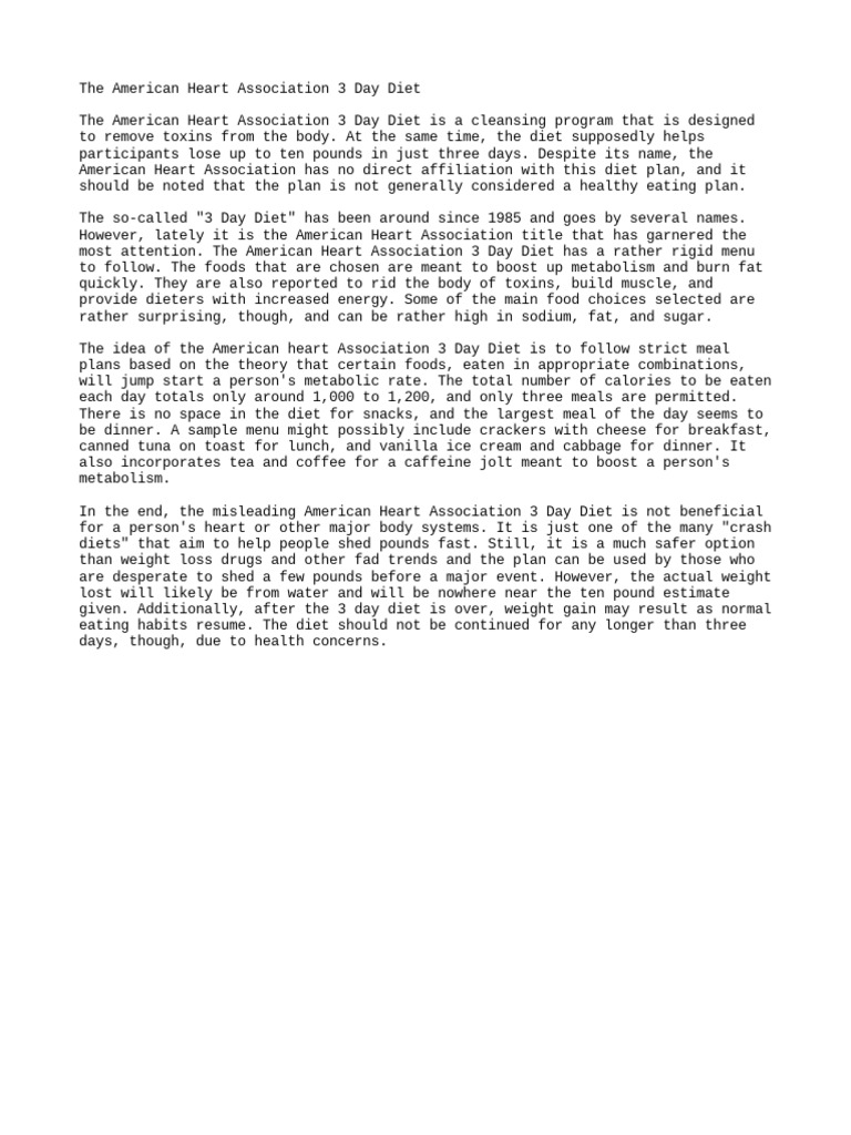 The American Heart Association 3 Day Diet | PDF | Self-Improvement | Wellness