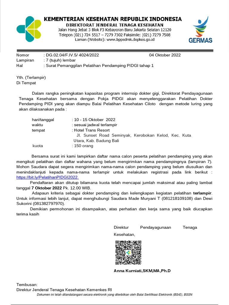 Surat Pemanggilan Pelatihan Pendamping Pidgi Tahap 1 | PDF