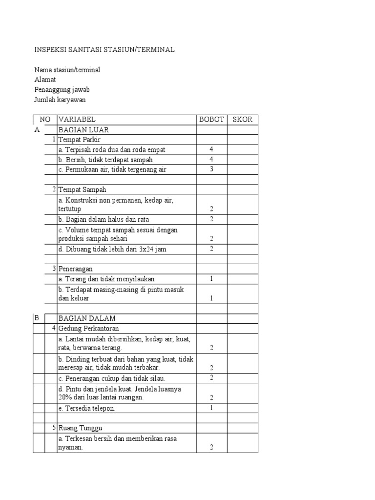 Inspeksi Sanitasi Stasiun/Terminal [Nama Stasiun/Terminal] | PDF