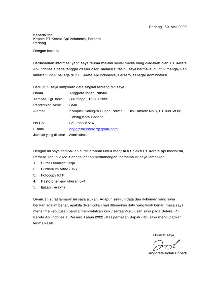 SURAT LAMARAN KERJA PT. Kereta Api Indonesia (PERSERO) | PDF