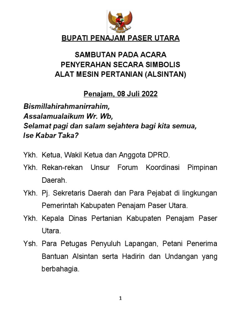 23-06 Sambutan Bupati Pada Penyerahan Alsintan Dan Pupuk Hayati Cair | PDF