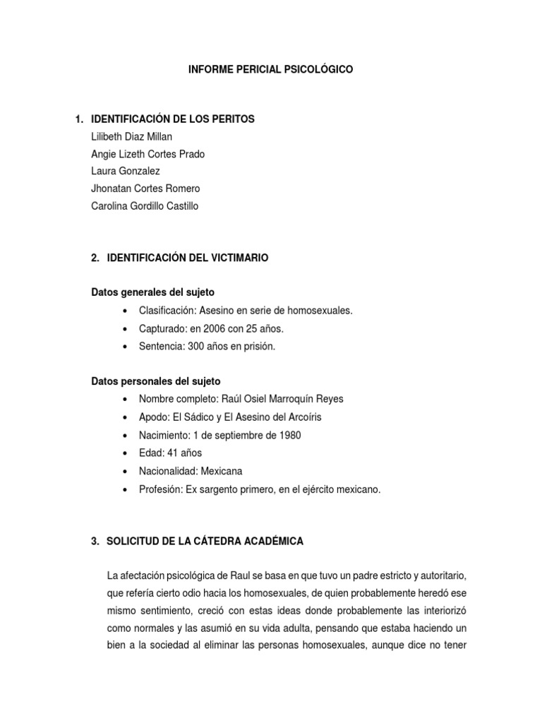 INFORME PERICIAL PSICOLÓGICO - Grupo G | PDF | Carné de identidad | Psicoanálisis