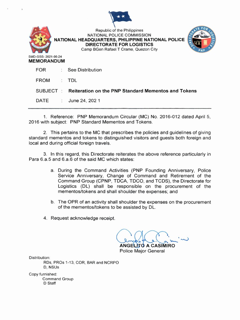 Reiteration On The PNP Standard Mementos and Tokens Dated June 24, 2021 ...