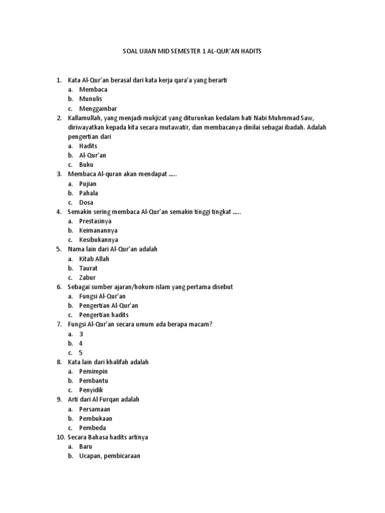 Soal Ujian Mid Semester 1 Al Quran Hadits Kls 7 | PDF