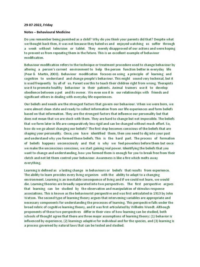 Behavioral Medicine Notes | PDF