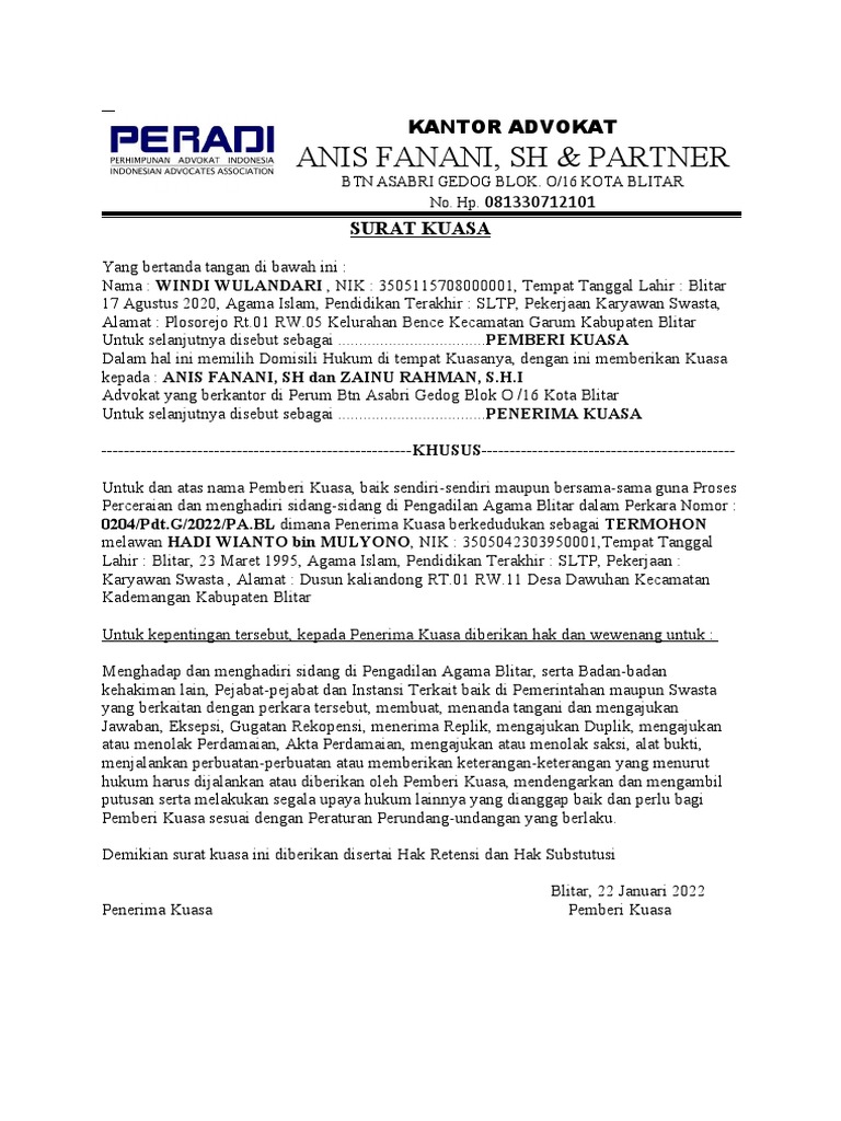 Contoh Surat Kuasa Perceraian | PDF