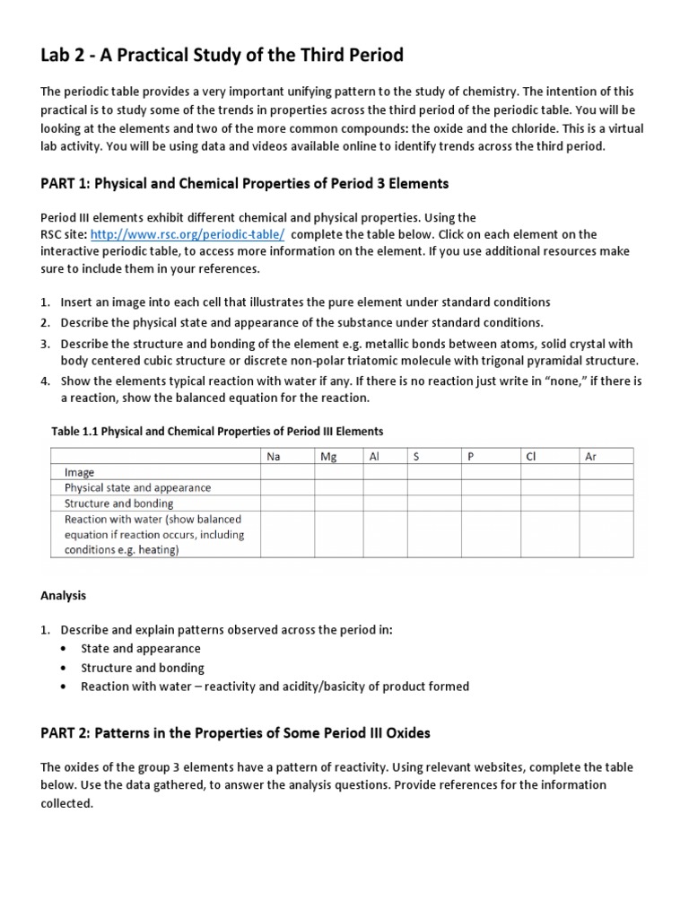 Lab 2 - Periodic Trends of Third Period | PDF | Chemistry | Chemical ...