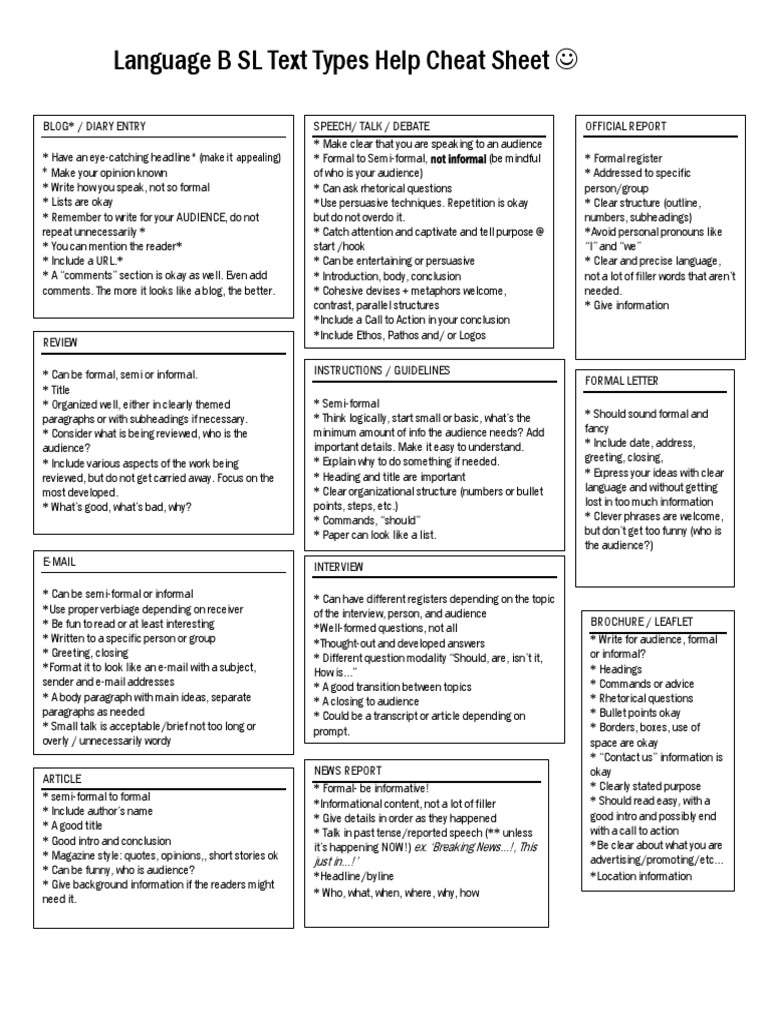 Language B SL Text Types Help Cheat Sheet : (Make It Appealing) | PDF ...