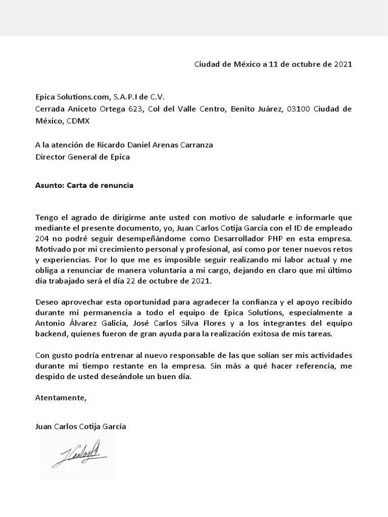 Carta de Renuncia Laboral | PDF