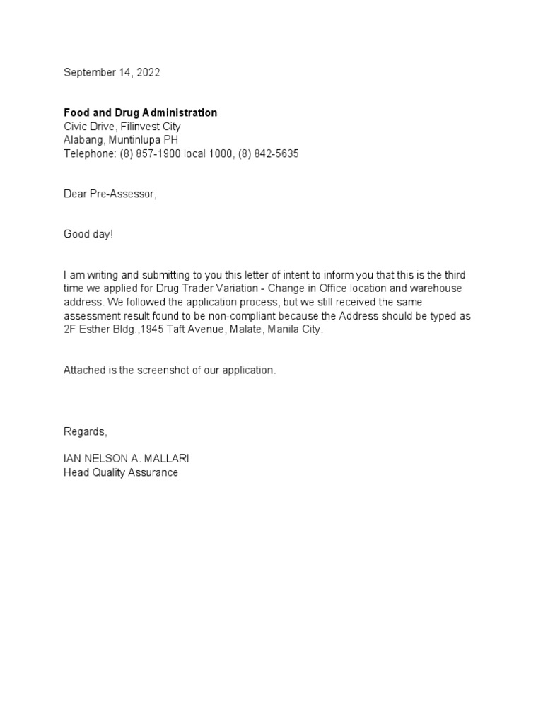 Letter of Intent for FDA Address Change | PDF