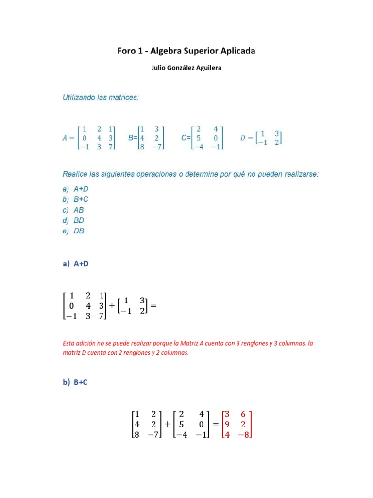 Álgebra Superior Aplicada: Operaciones con Matrices | PDF