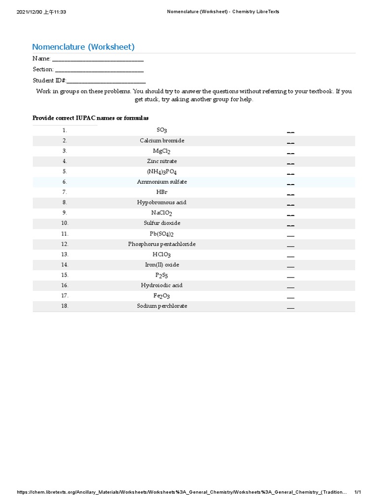 Chemistry Nomenclature Worksheet | PDF