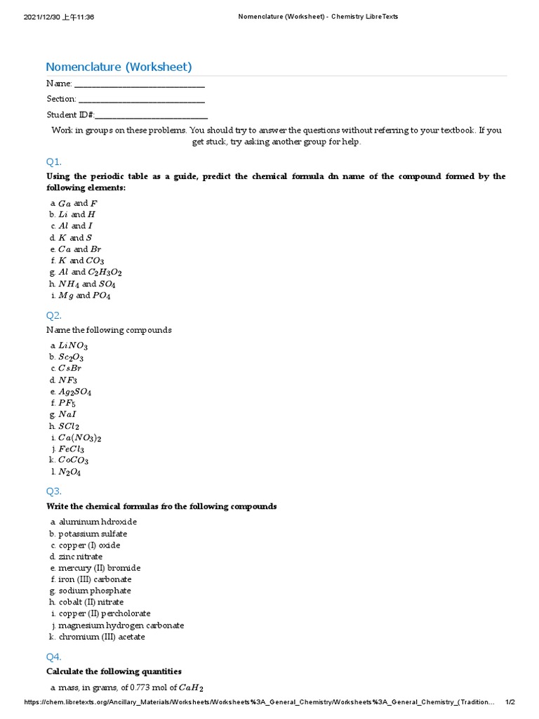 Nomenclature2 (Worksheet) - Chemistry LibreTexts | PDF
