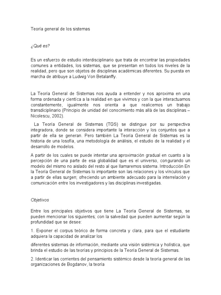 Teoría General de Los Sistemas | PDF | Teoría de sistemas | Sistema