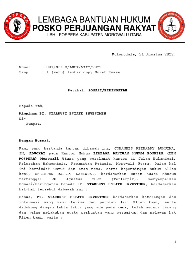 Surat Somasi Sei Kop LBH | PDF