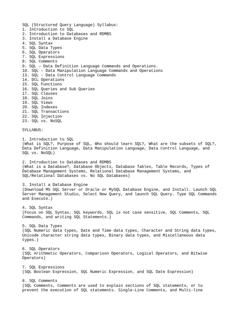 SQL Syllabus | PDF | Sql | Databases