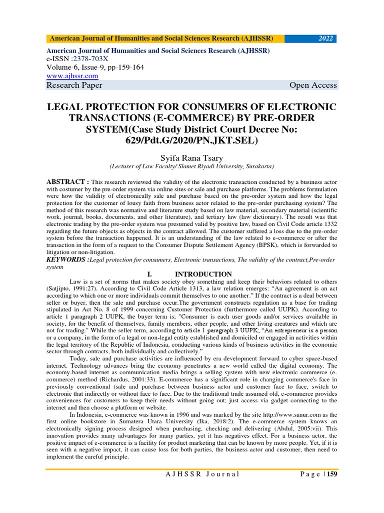 Legal Protection For Consumers Of Electronic Transactions E Commerce