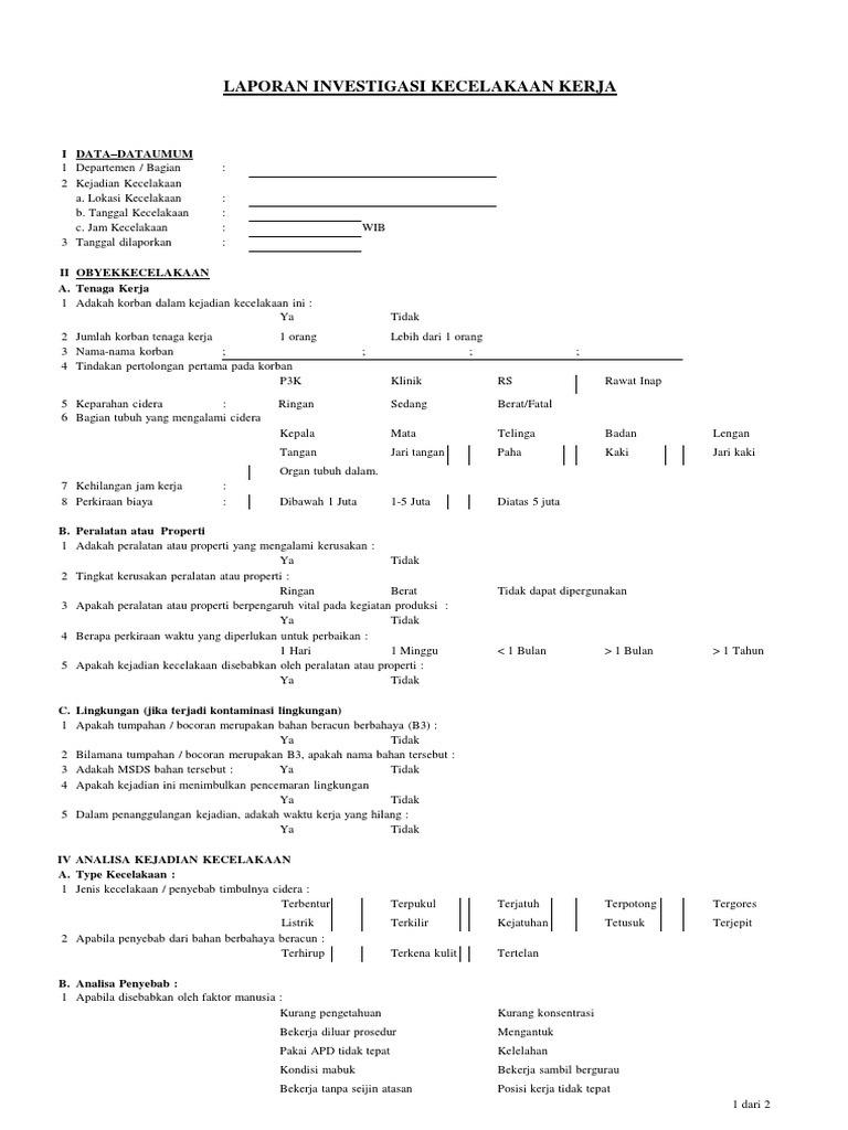 Form Kecelakaan Kerja Rumah Sakit | PDF